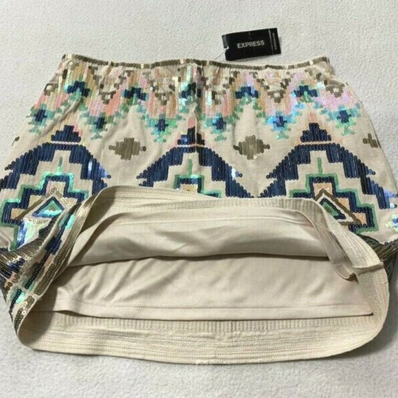 Express | Skirts | Nwt Express Xs Cream Sequin Stretch Mini Skirt Southwestern Aztec Shimmer ...
